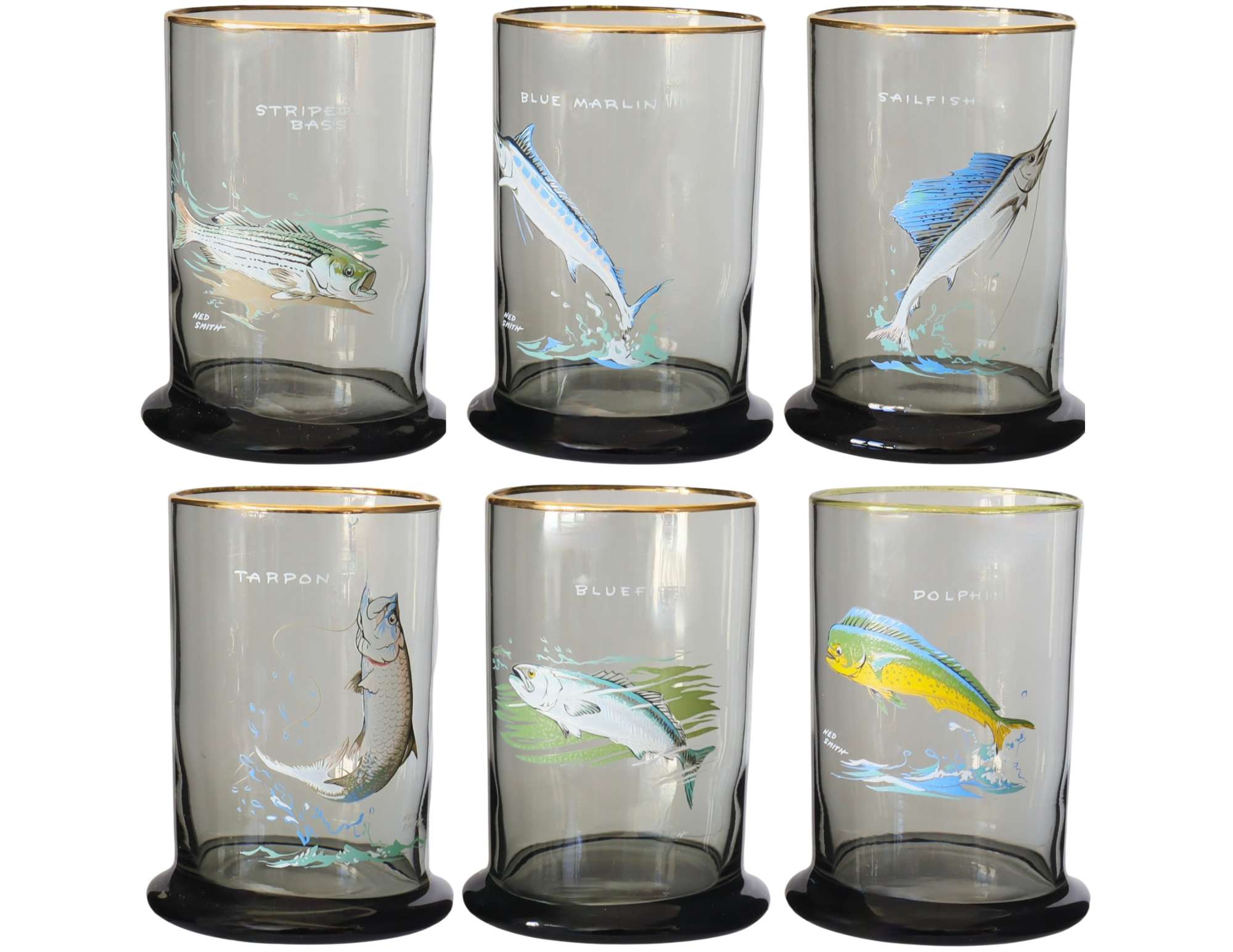 Vintage Ned Smith Highball Tumblers w/Fish, S/6 – Rose Victoria Antiques